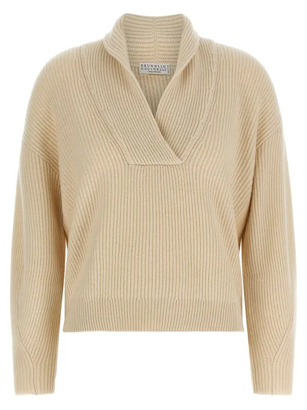Brunello Cucinelli Shawl Neck Ribbed Sweater - Cream