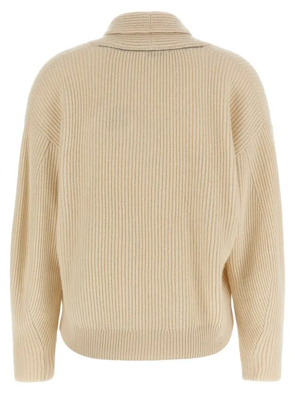 Brunello Cucinelli Shawl Neck Ribbed Sweater - Cream