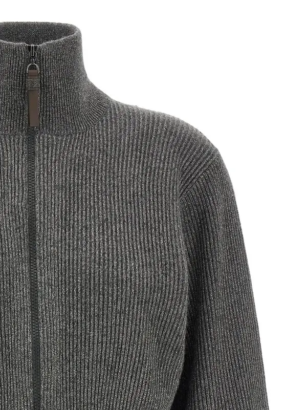Brunello Cucinelli Ribbed Cardigan With Leather Detail