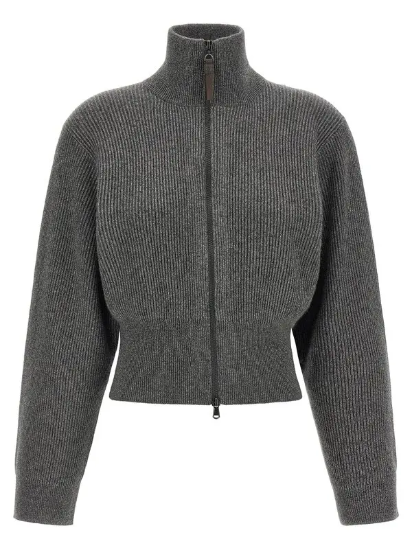 Brunello Cucinelli Ribbed Cardigan With Leather Detail - Gray