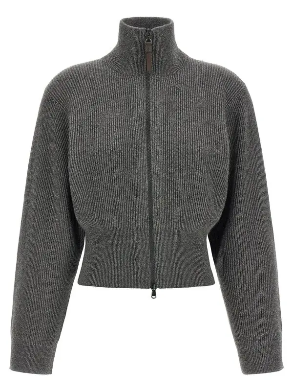 Brunello Cucinelli Ribbed Cardigan With Leather Detail - Gray
