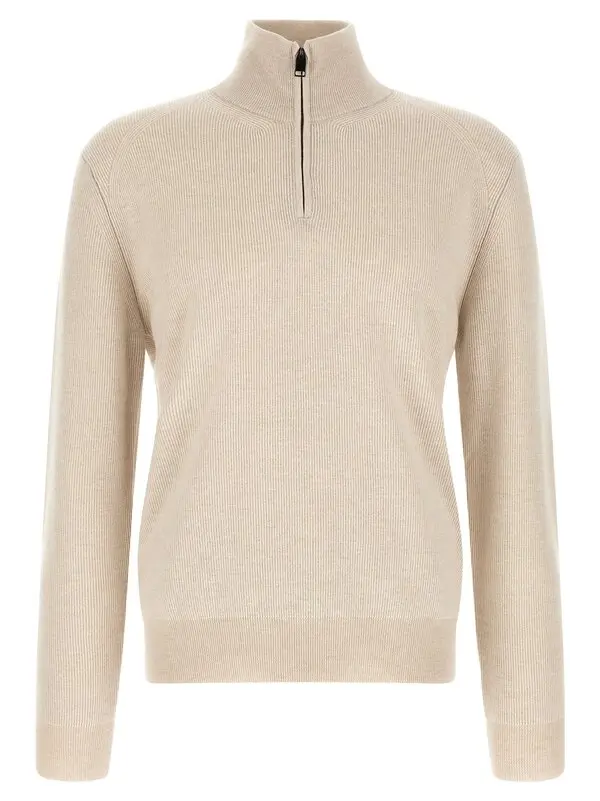 Brioni High Neck Sweater With Zip - Cream