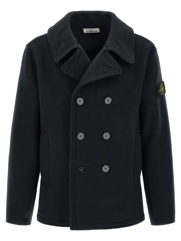 Stone Island Double-breasted Coat With Logo Badge - Blue