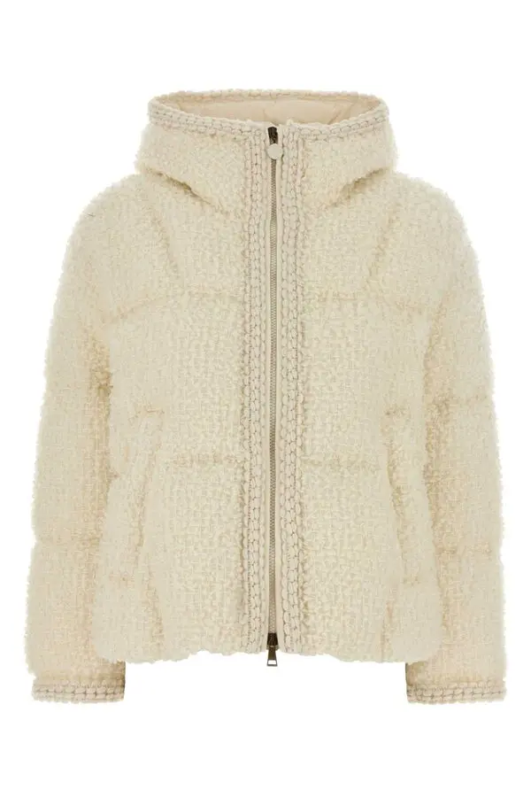 Moncler Ivory Boucle And Polyester Cristallin Down Jacket - White