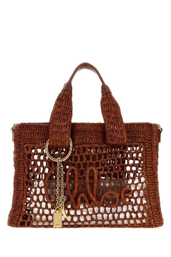 Chloé Raffia Banana Shopping Handbag - Camel
