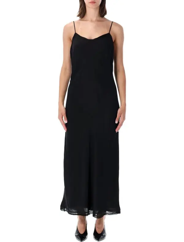 TOTEME Minimal Silk Slip Dress With Tulle Trim, Straight Neckline & Long Fluid Silhouette - Nero