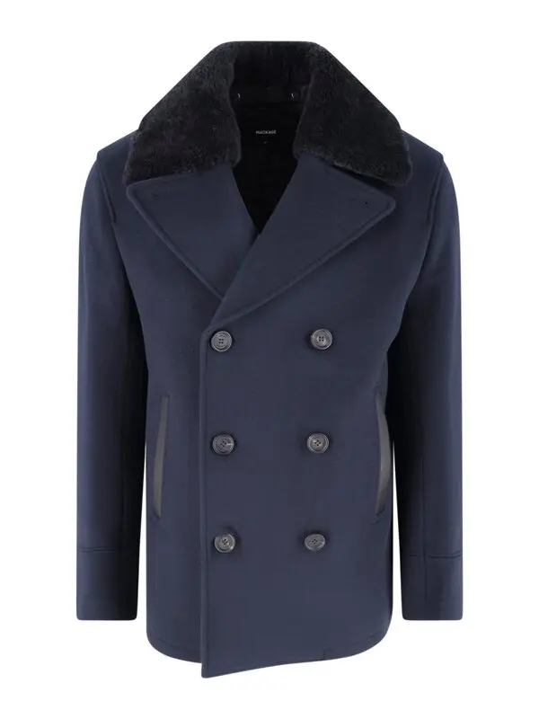 Mackage Double-breasted Wool Peacoat With Shearling Collar - Blue