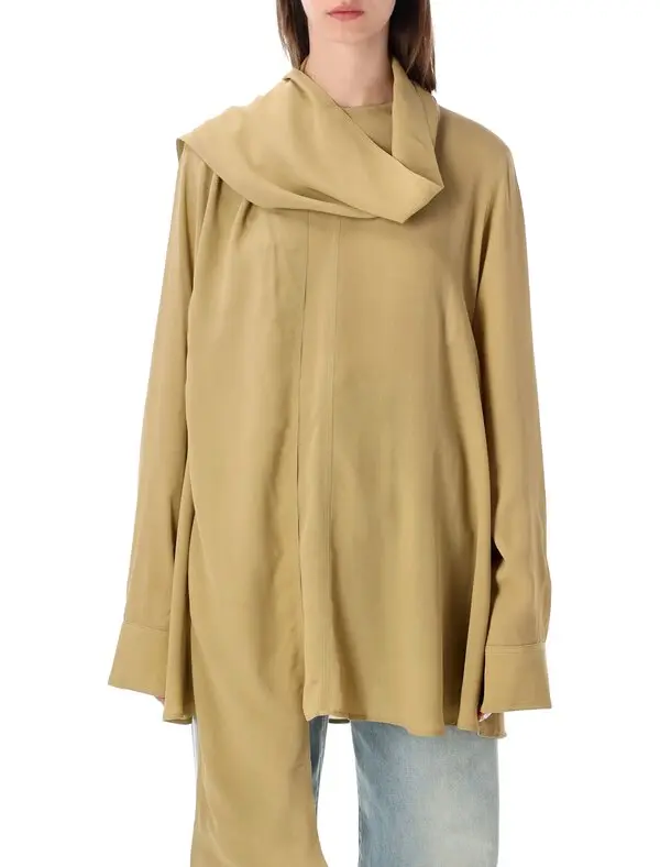 TOTEME Draped Scarf Blouse With Fluid Georgette Volume Sleeves - Desert