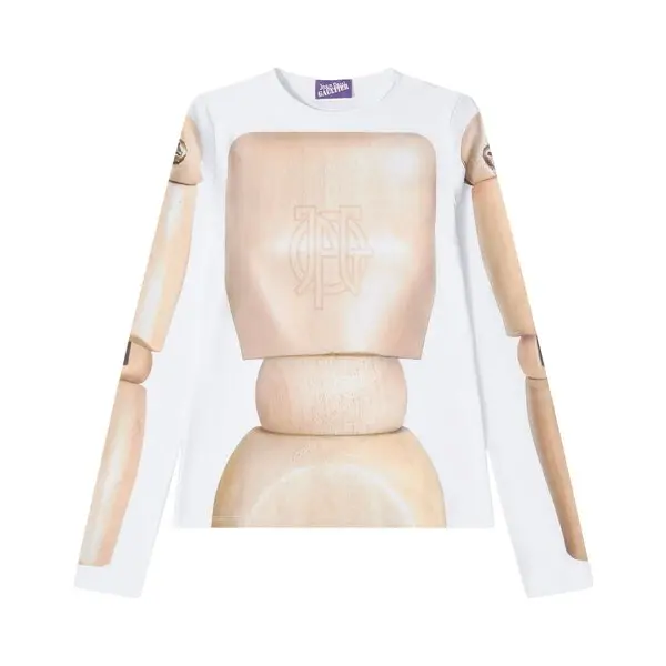 JEAN PAUL GAULTIER Jersey Lycra Long Sleeves Crew Neck Printed "wooden Body" 'beige/white - Tan