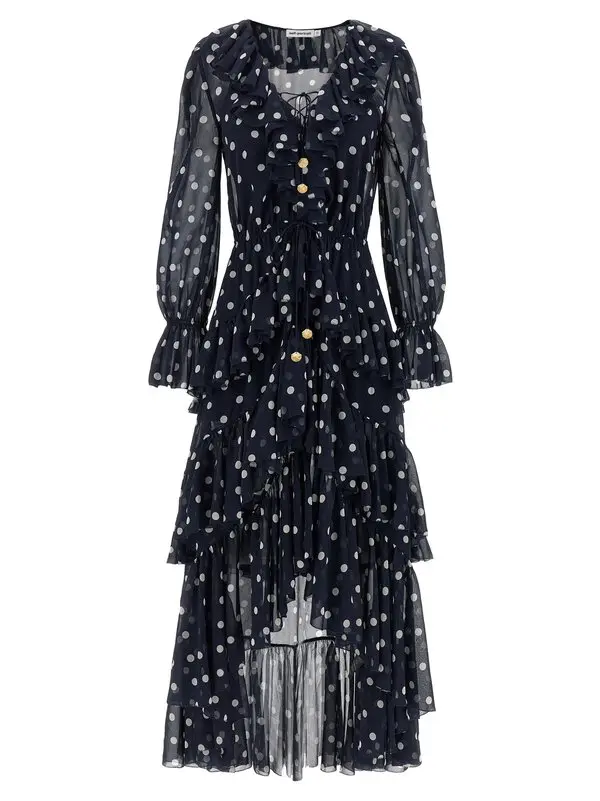 SELF-PORTRAIT Polka Dot Georgette Ruffle Maxi' Dress - Blue