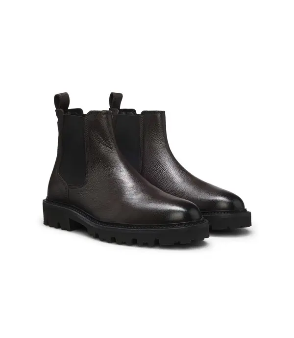 BOSS Grained Leather Boots With Elastic Side Panels - Dark Brown