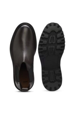 BOSS Grained Leather Boots With Elastic Side Panels