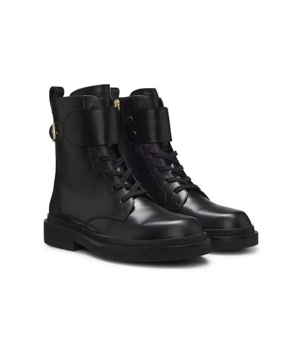 BOSS Lace-up Leather Boots With Gold-tone Hardware - Black