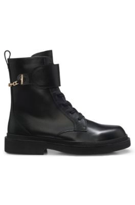 BOSS Lace-up Leather Boots With Gold-tone Hardware
