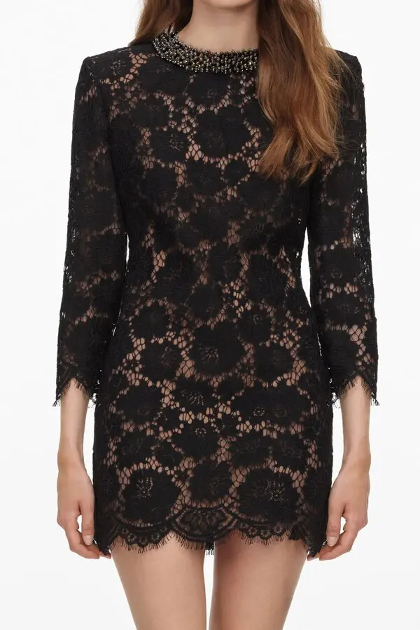 SELF-PORTRAIT Black Lace Long Sleeve Mini Dress