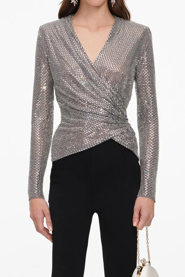 SELF-PORTRAIT Rhinestone Mesh Wrap Top - Multicolor