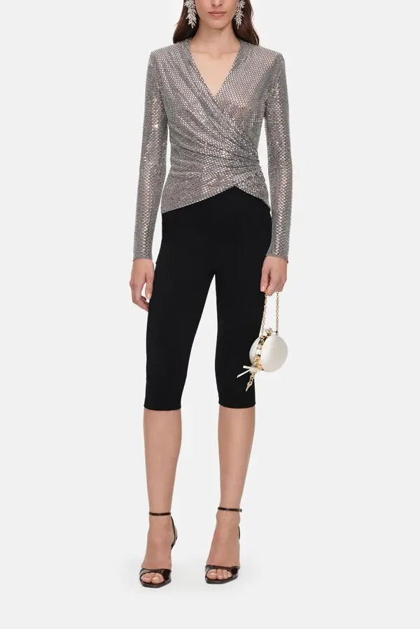 SELF-PORTRAIT Rhinestone Mesh Wrap Top