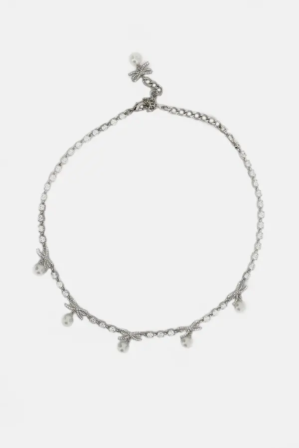 SELF-PORTRAIT Crystal Bow Pearl Charm Necklace - Multicolor