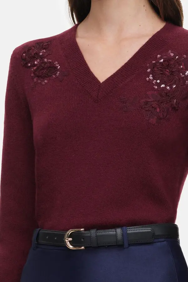 SELF-PORTRAIT Burgundy Flower Wool Jumper