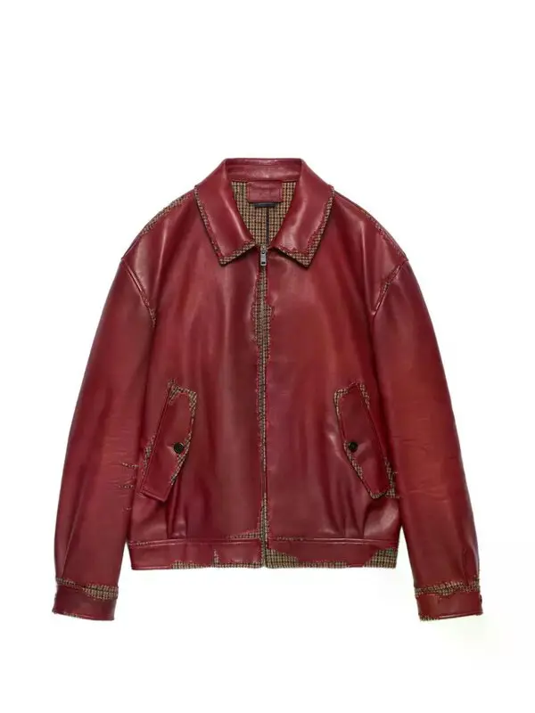 Prada Bonded Nappa Leather And Houndstooth Check Fabric Jacket - Red