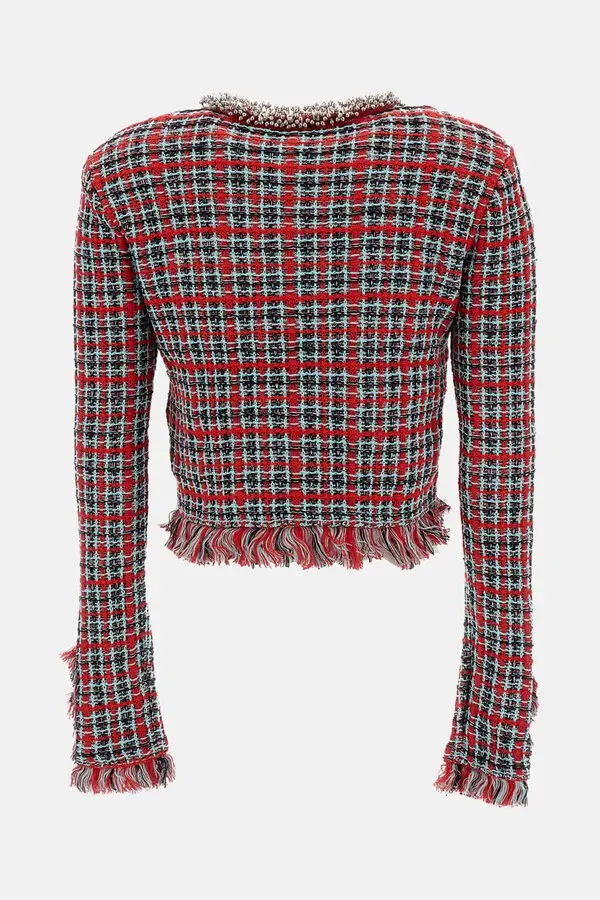 SELF-PORTRAIT Red Check Frayed Knit Jacket