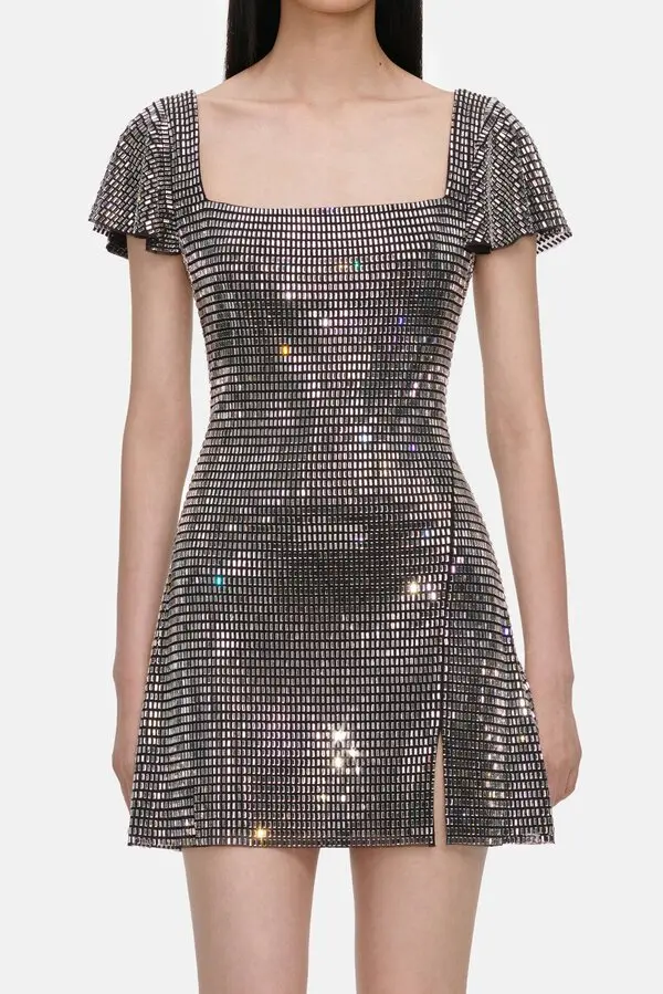 SELF-PORTRAIT Grey Rhinestone Mesh Mini Dress - Multicolor