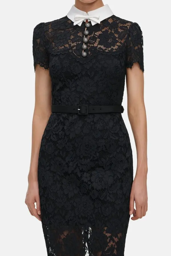 SELF-PORTRAIT Black Lace Contrast Collar Midi Dress - Multicolor