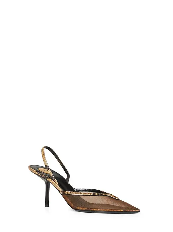 Saint Laurent Black And Brown Mesh And Python Slingback Pumps