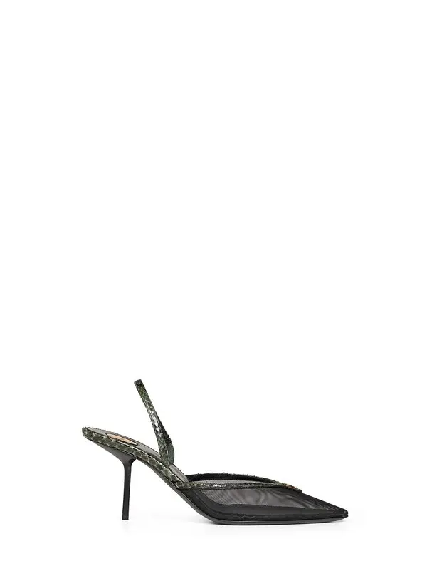 Saint Laurent Black And Green Mesh And Python Slingback Pumps