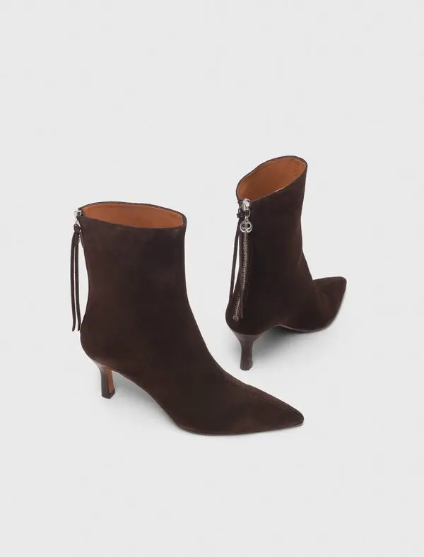 Maje Zipped Suede Ankle Boots - Dark Brown