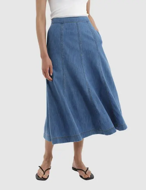 FINERY LONDON Dana Denim Midi Skirt - Mid Blue