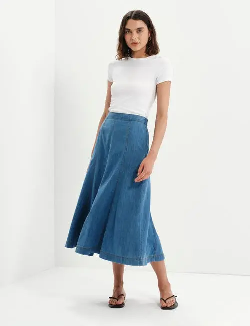 FINERY LONDON Dana Denim Midi Skirt - Mid Blue