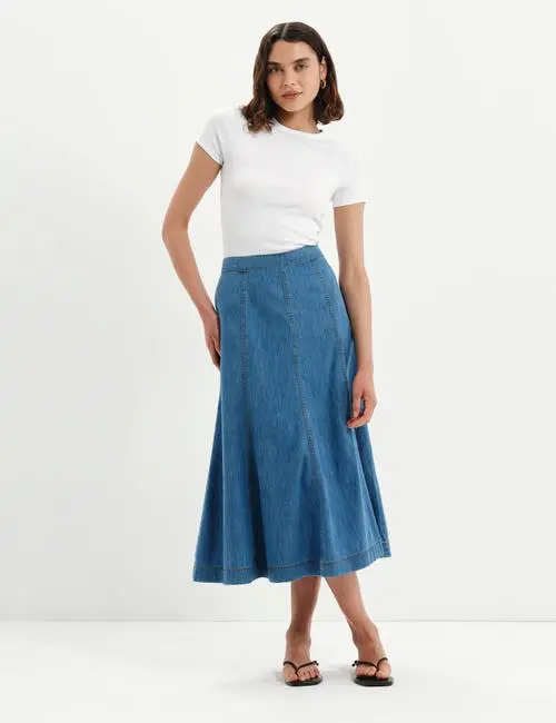 FINERY LONDON Dana Denim Midi Skirt - Mid Blue