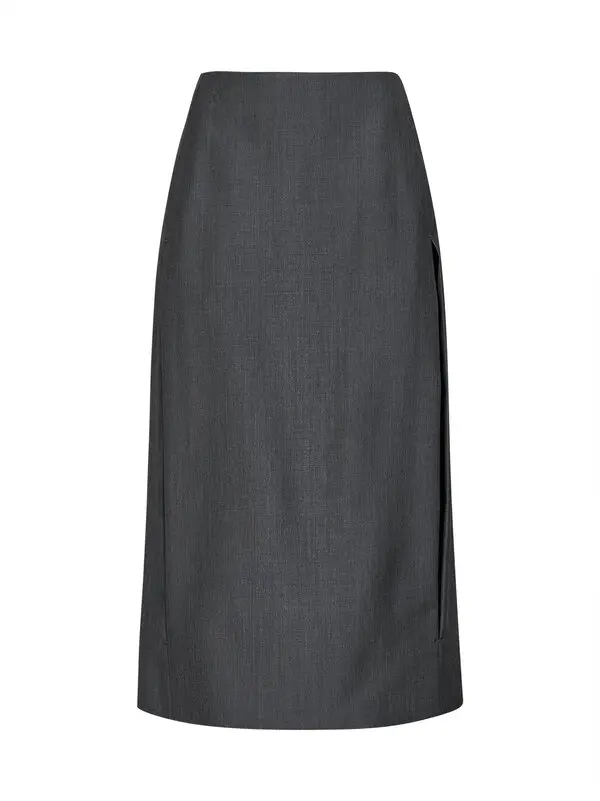 JIL SANDER Fog Grey Wool Canvas Midi Skirt With Slits - Multicolor