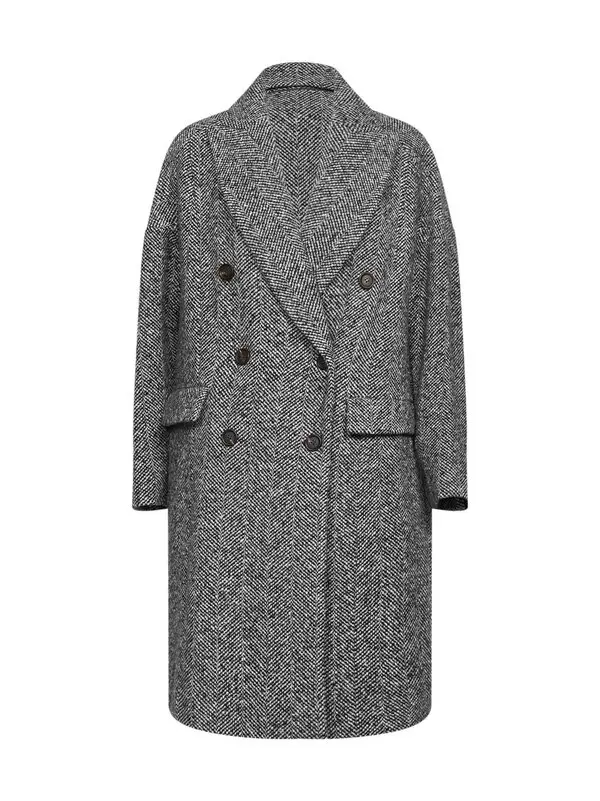 Brunello Cucinelli Grey Herringbone Double-breatsed Coat - Multicolor