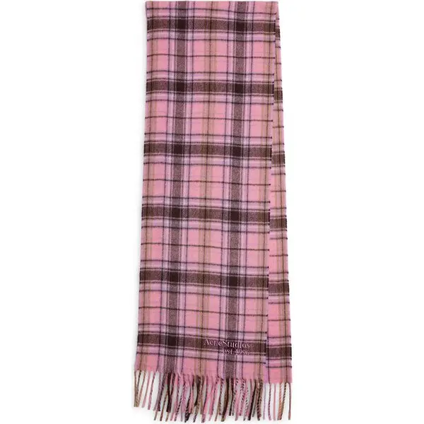 Acne Studios Canada Check Recycled Cashmere Blend Fringe Scarf - Pink/black