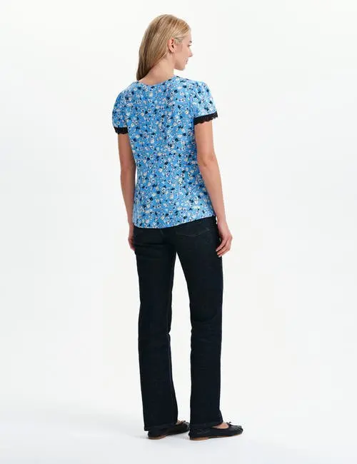 FINERY LONDON Lacie V-neck Short Sleeve Top - Blue Ditsy