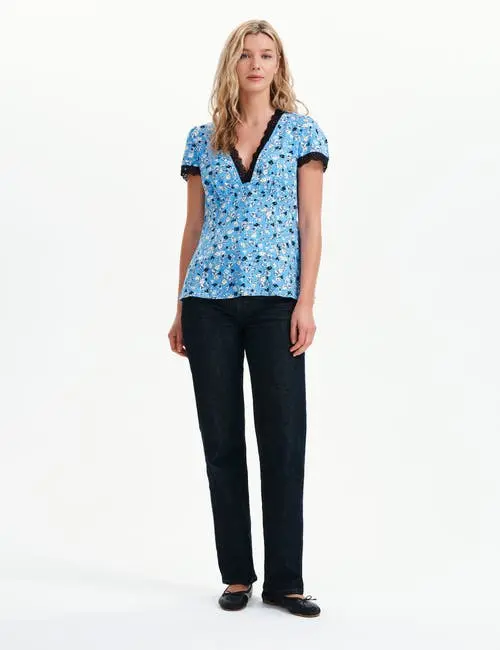 FINERY LONDON Lacie V-neck Short Sleeve Top - Blue Ditsy