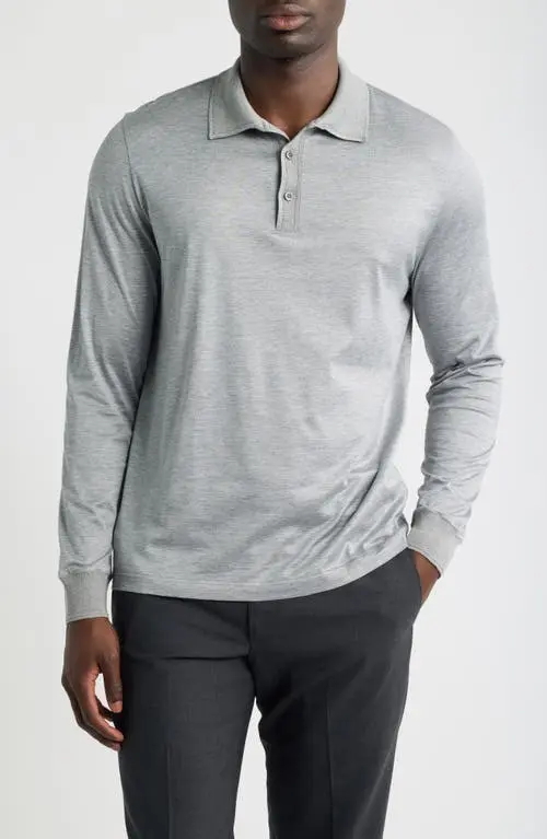 Canali Silk & Cotton Long Sleeve Polo - Light Grey