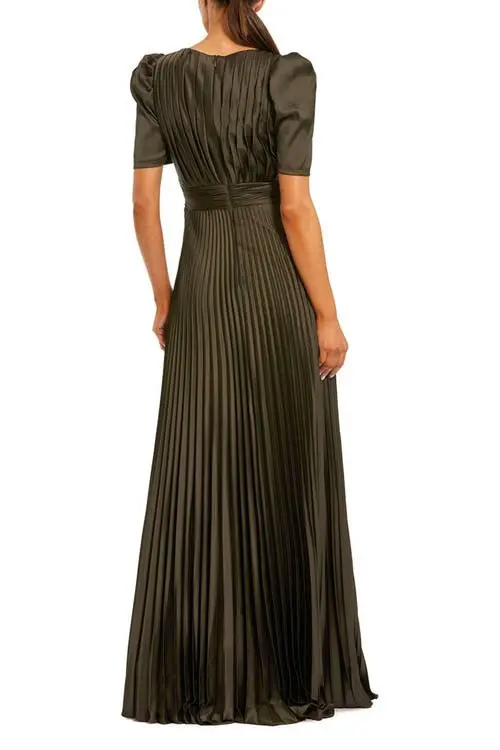 Mac Duggal Petite Pleated Charmeuse Keyhole Puff Sleeve Evening Gown