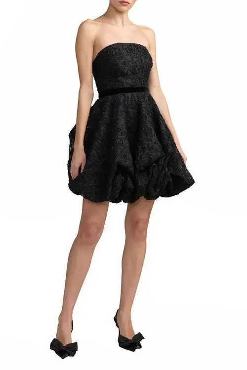 Mac Duggal Floral Lace Strapless Bubble Mini Dress - Black