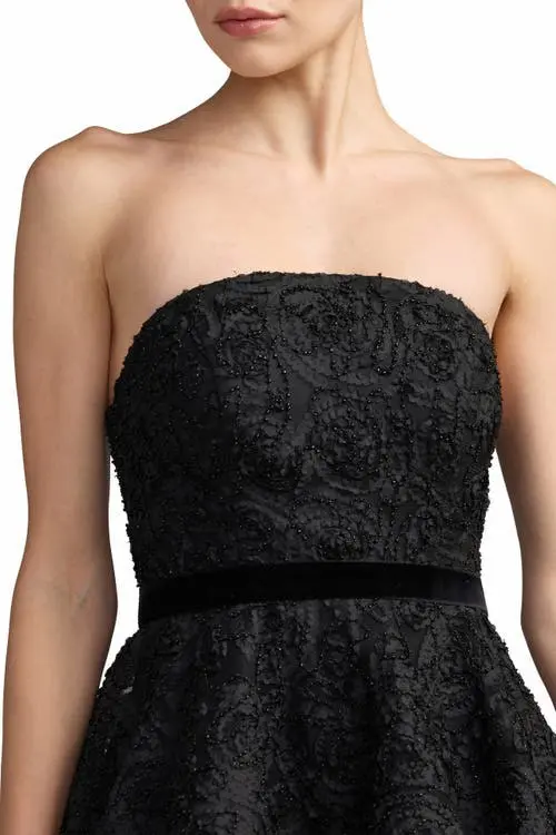 Mac Duggal Floral Lace Strapless Bubble Mini Dress