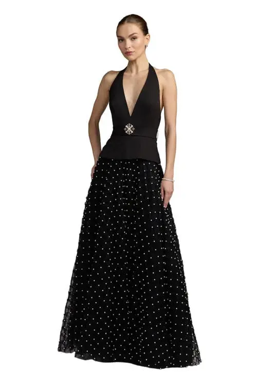 Mac Duggal Petite Pearl Embellished Halter Neck Ballgown - Black