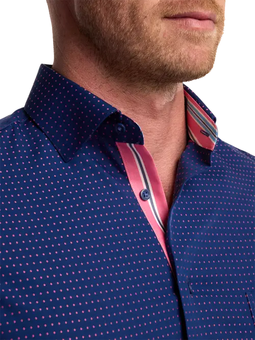 PAUL FREDRICK Cotton Spread Collar Poplin Slim Contrast Trim Button Cuff Long Sleeve Shirt