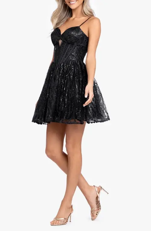 BLONDIE NITES Sequin Embellished Satin Binding Fit & Flare Cocktail Minidress