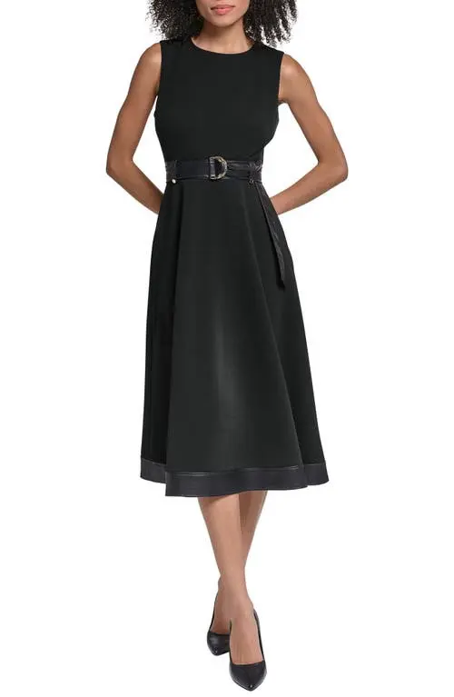 Karl Lagerfeld Paris Belted Sleeveless Scuba Crepe Midi Dress - Black