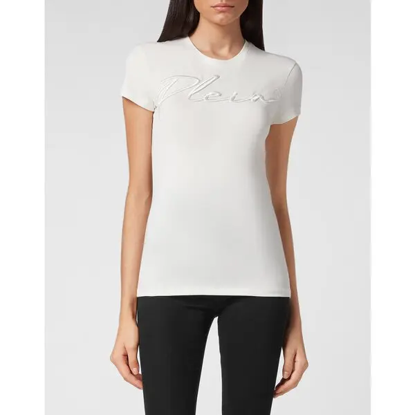 Philipp Plein Satin T-shirt Round Neck Ss Embroidery Signature - Cream