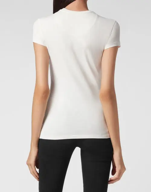 Philipp Plein Satin T-shirt Round Neck Ss Embroidery Signature - Cream