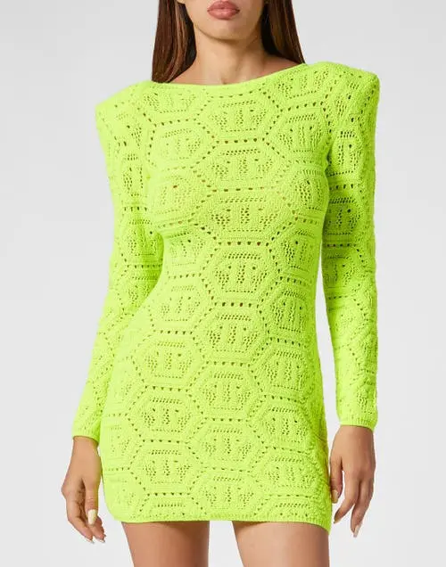 Philipp Plein Fluo Knit Mini Dress Monogram - Yellowfluo