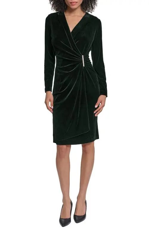 Karl Lagerfeld Paris Faux Pearl Detail Long Sleeve Stretch Velvet Faux Wrap Dress - Black